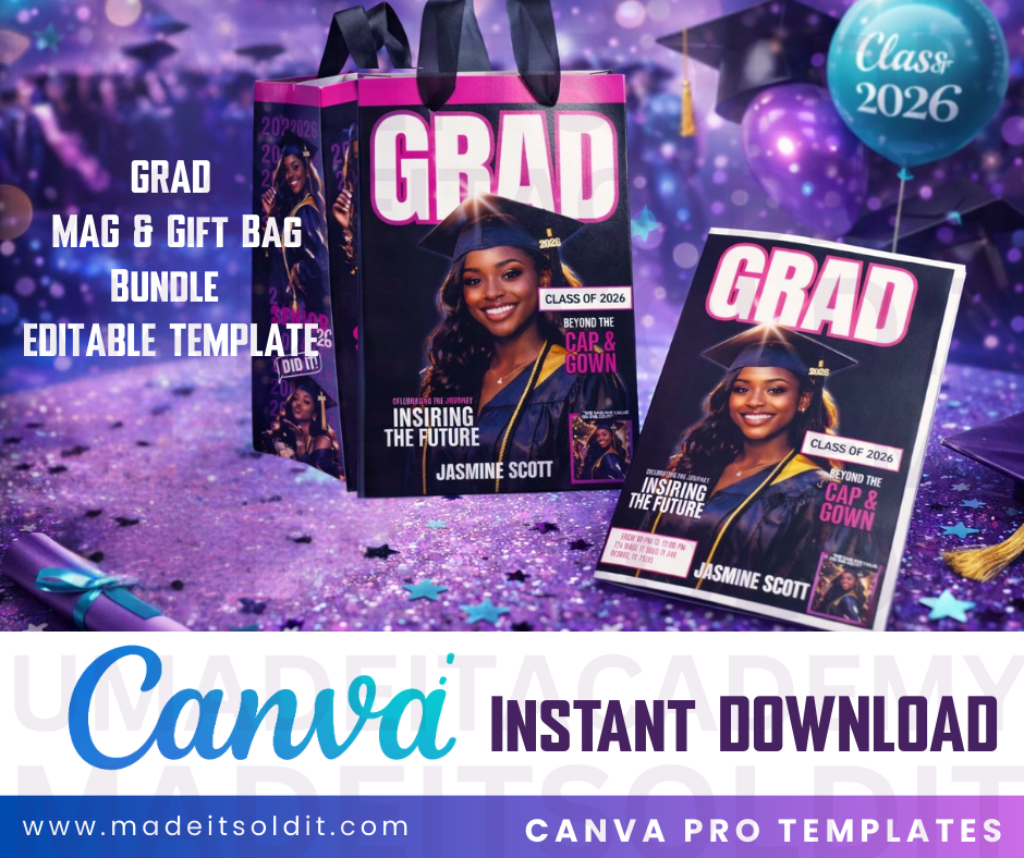 PNK GRAD MAG & GIFT BAG BUNDLE EDITABLE TEMPLATE – Made It Sold It